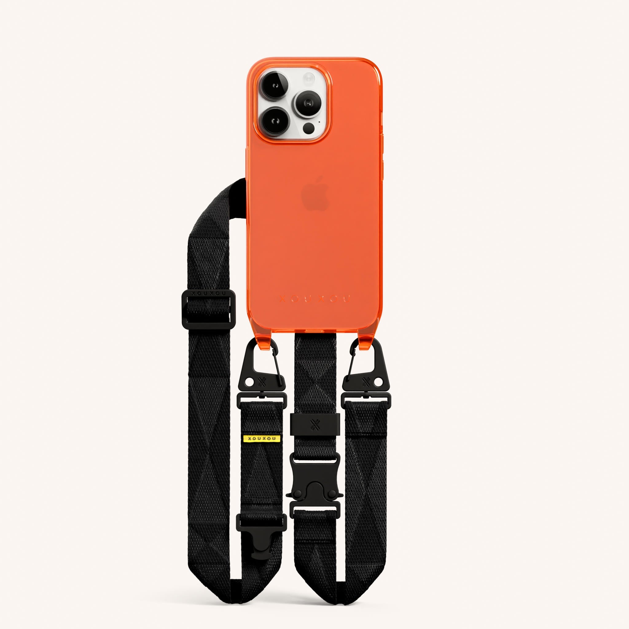 Phone Necklace with Lanyard in Neon Orange Clear + Black - XOUXOU®