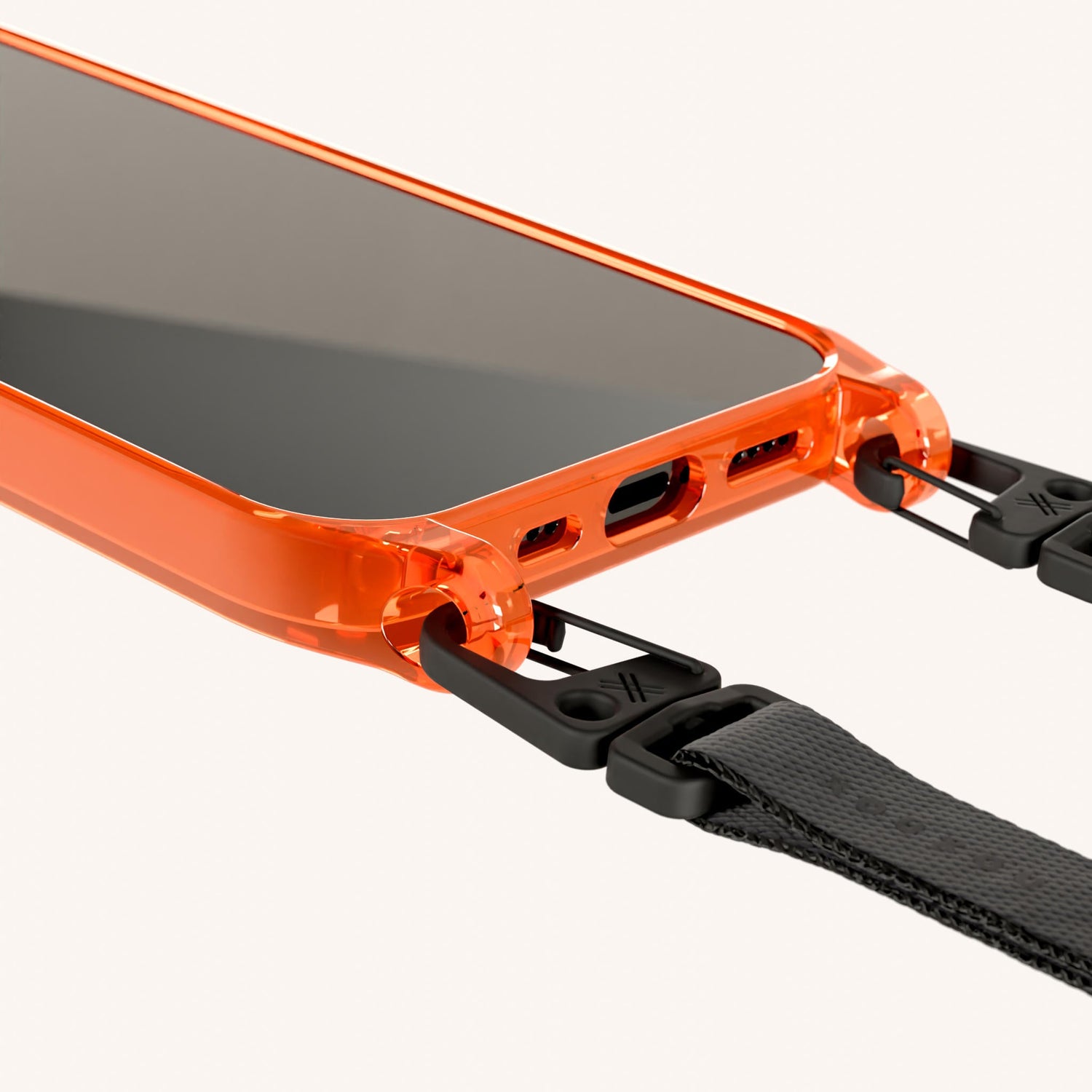 Phone Necklace with Slim Lanyard in Neon Orange Clear + Black - XOUXOU®